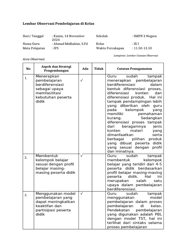 2 - Lembar Observasi Pembelajaran Di Kelas | PDF