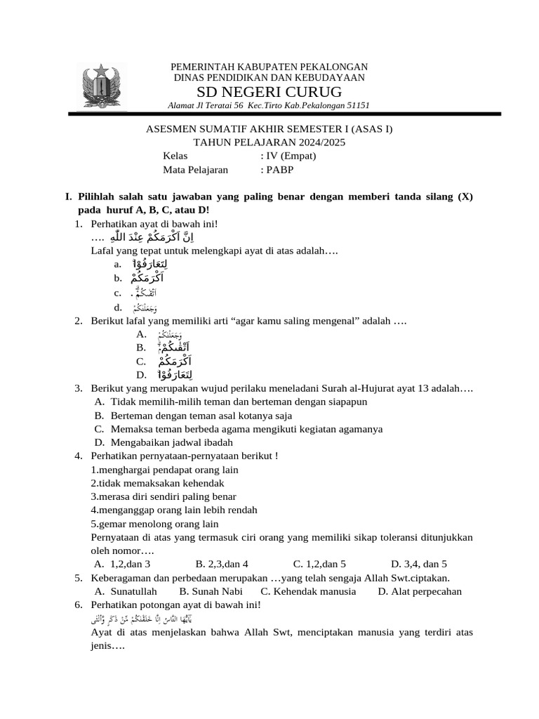 Soal Kls 4 Print 20242025 SMSTR 1 | PDF