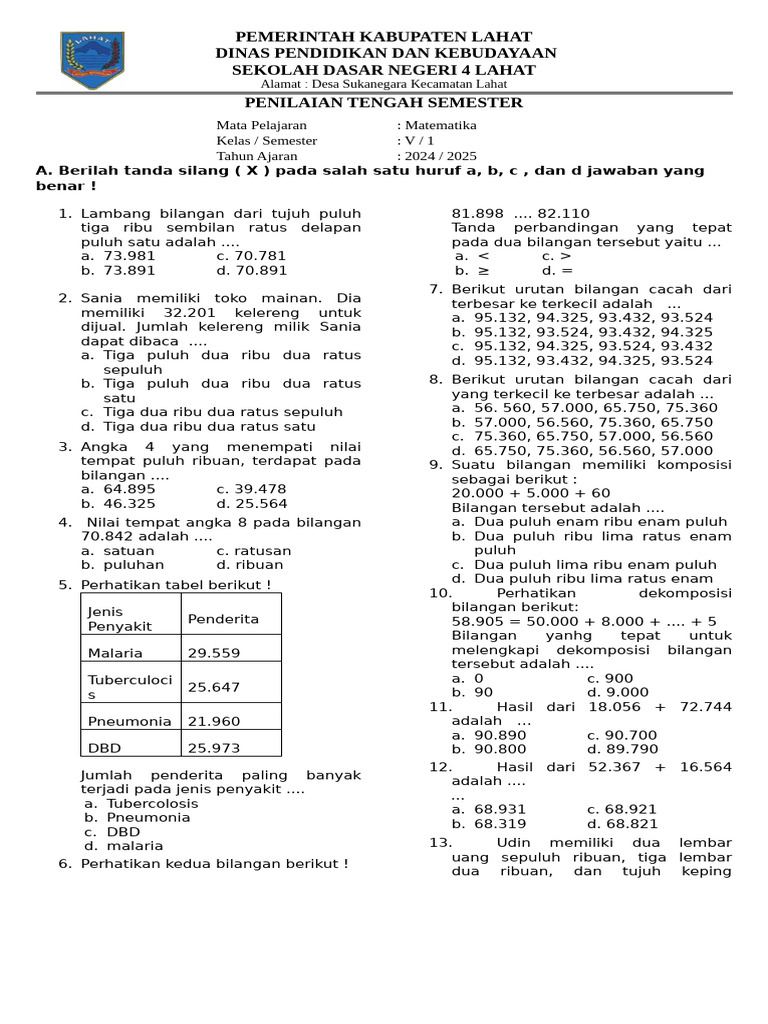 Soal PTS MTK KLS 5 | PDF