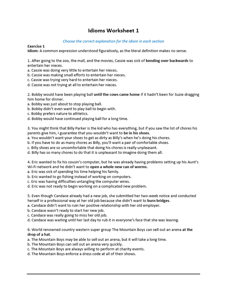 Idioms Worksheet for Understanding Expressions | PDF