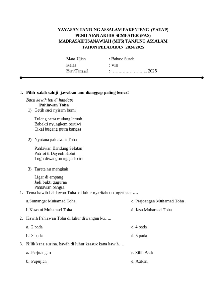 Soal Pas Sunda Kls 8 | PDF