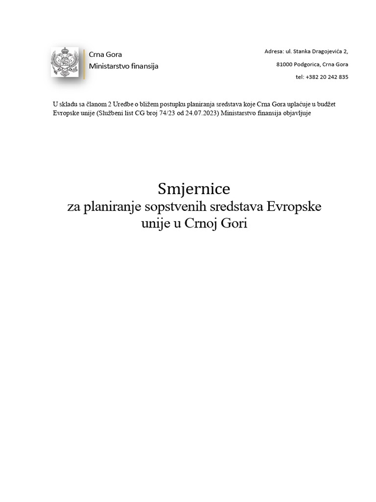 Smjernice Za Planiranje Sopstvenih Sredstava Evropske Unije U Crnoj Gori | PDF