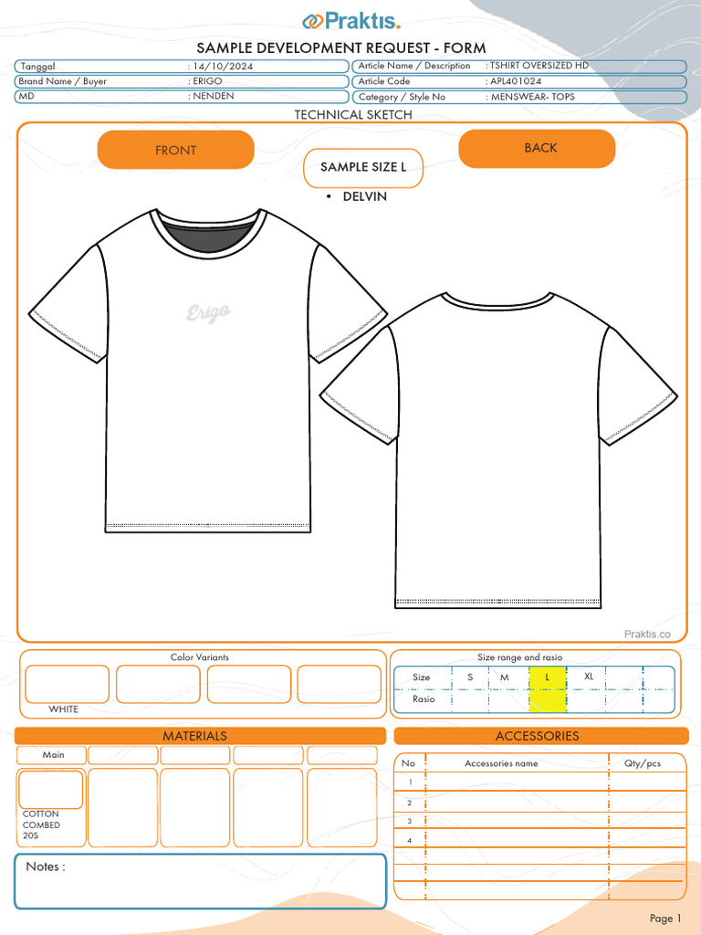 Sample Development Request - Form: Technical Sketch Back Front | PDF