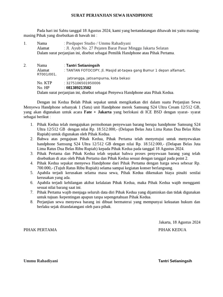 (18 Ags 24) Surat Perjanjian Sewa Handphone | PDF