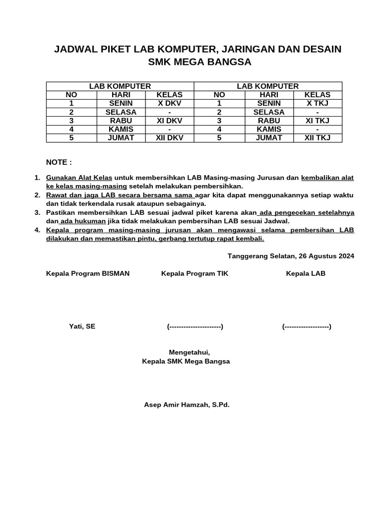 Jadwal Piket Lab Komputer | PDF