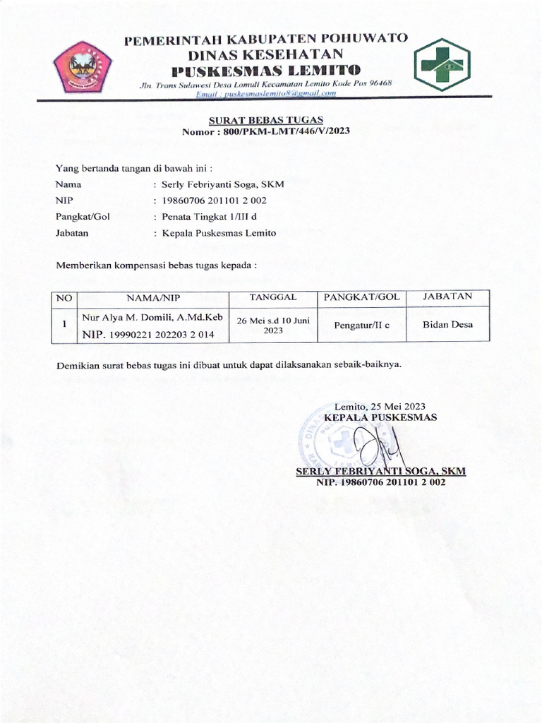 Surat Bebas Tugas Alya | PDF