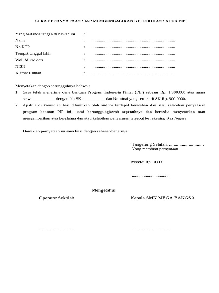 Surat Pernyataan Pengembalian Dana PIP | PDF
