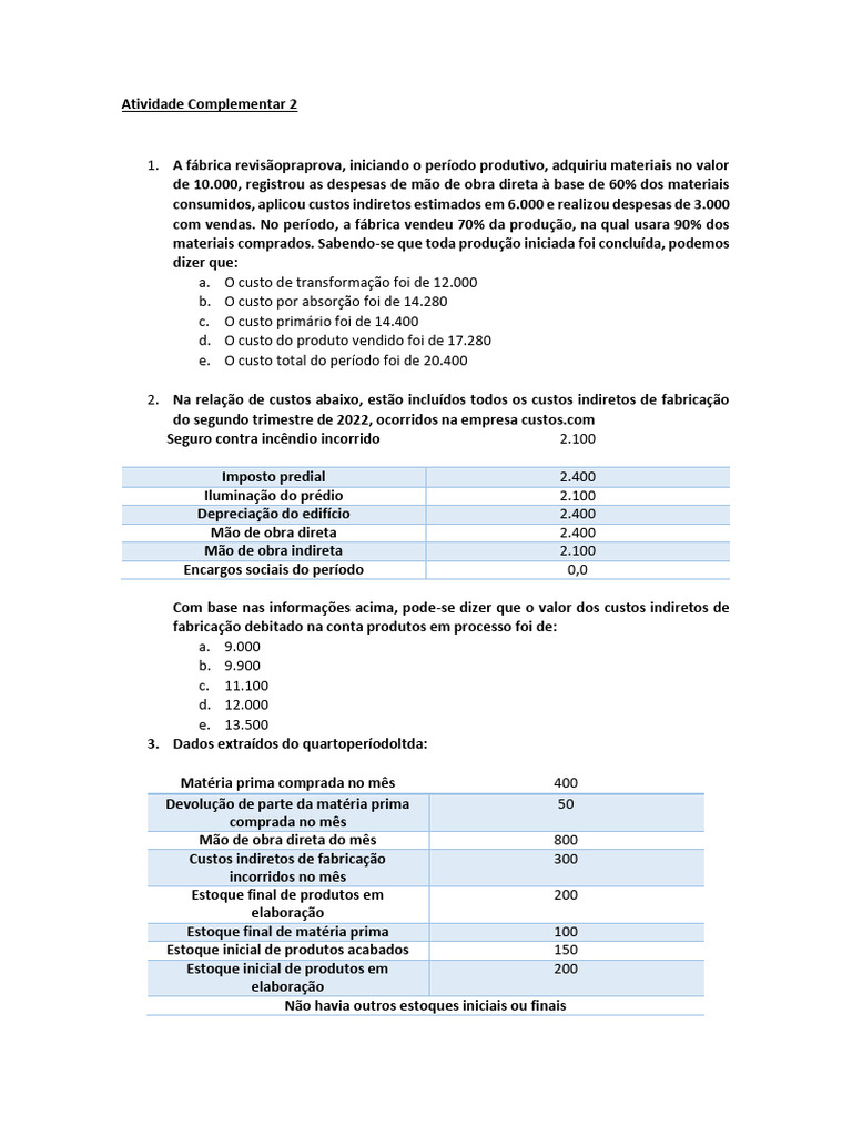 Atividade Complementar 4 | PDF | Despesa | Economias