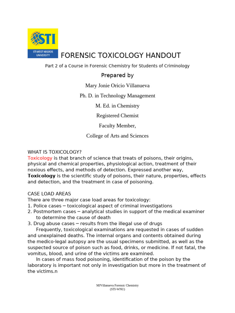 Forensic Toxicology Handout | PDF | Poison | Vomiting