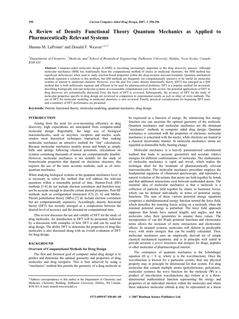 A Review of DFT Quantum Mechanics As Applied To Pharmaceutically ...