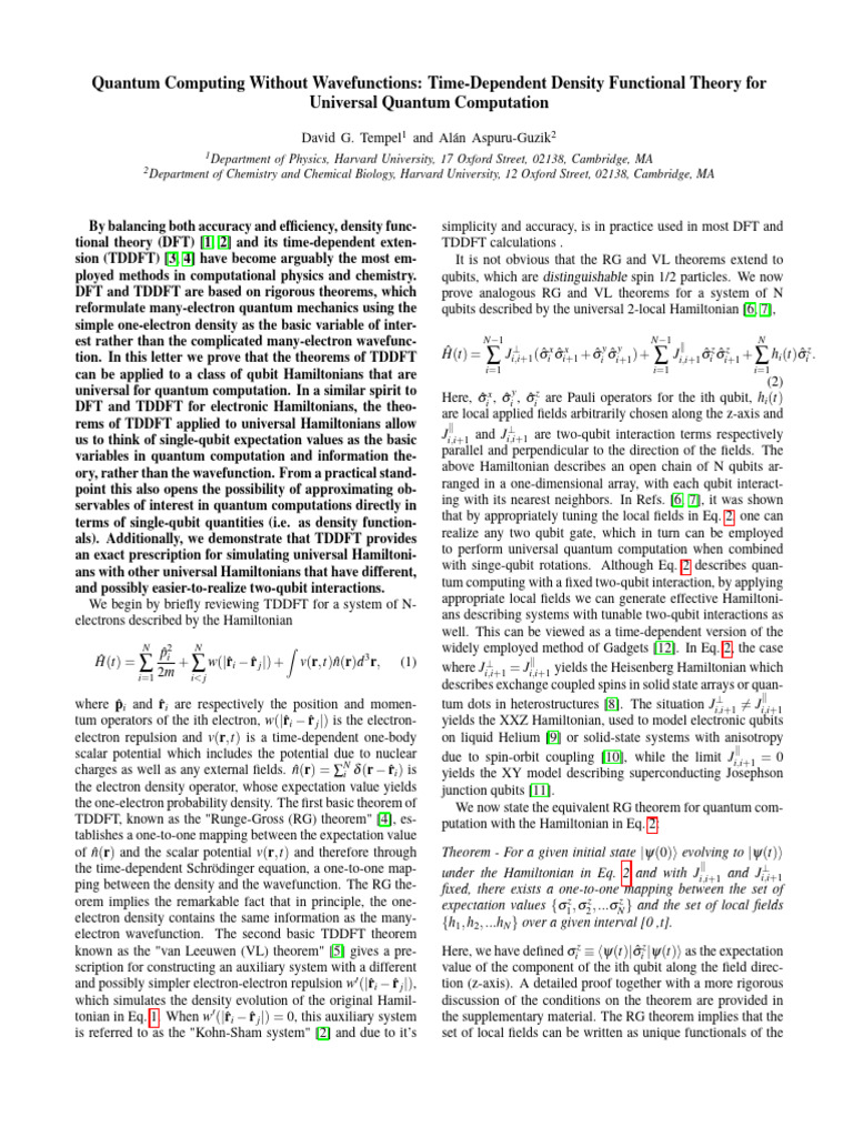 Quantum Computing Without Wavefunctions: Time-Dependent Density Functional Theory For Universal ...