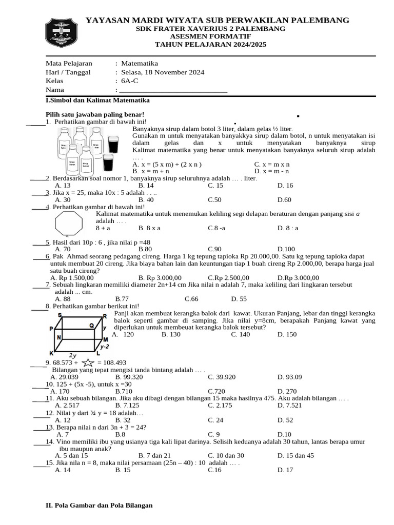 Penilaian Formatif Simbol Dan Kalimat Matematika | PDF