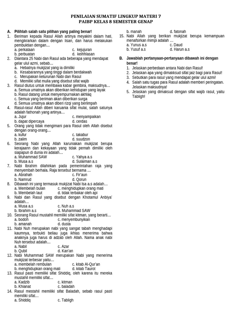 Sumatif 7 Kelas 8 (Iman Kepada Rasul Allah) | PDF
