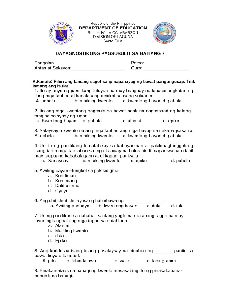 Dayagnostikong Pagsusulit Sa Filipino 7 1 | PDF