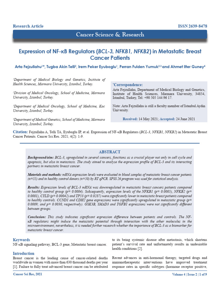 Expression of NF-κB Regulators (BCL-3, NFKB1, NFKB2) in Metastatic ...