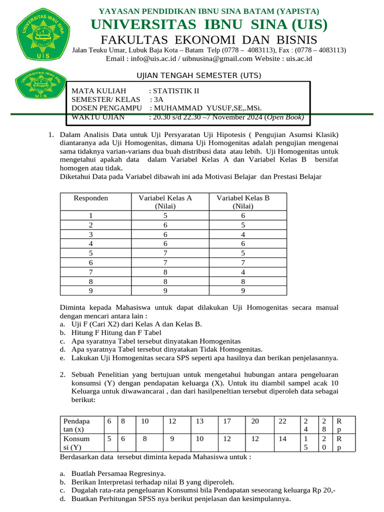 Ujian Statistik II UIS | PDF