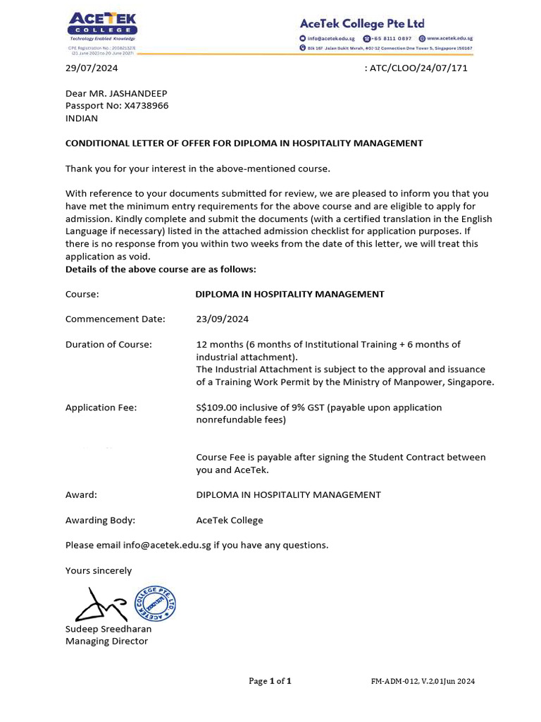 Conditional Letter of Offer For Diploma in Hospitality Management | PDF
