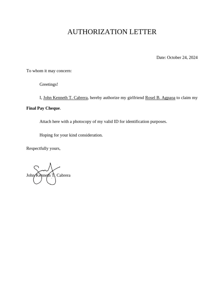 Authorization Letter for Final Pay | PDF