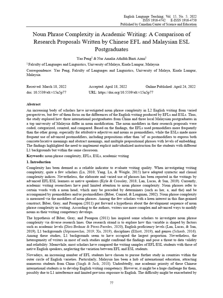 Noun Phrase Complexity in Academic Writing A Comparison of Research ...