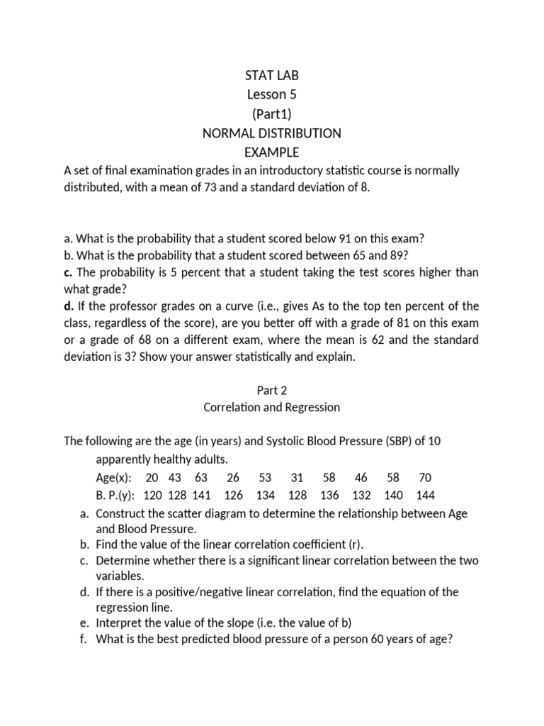 Lesson 5 (Normal Distribution and Correlation and Regression) - Example | PDF