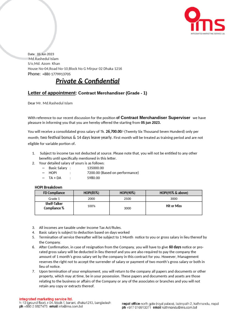 Appointment Letter - CM Sup Rashedul | PDF | Salary | Employment