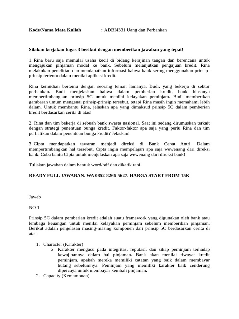 Jawaban Tugas 3 Uang Dan Perbankan Adbi4331 | PDF