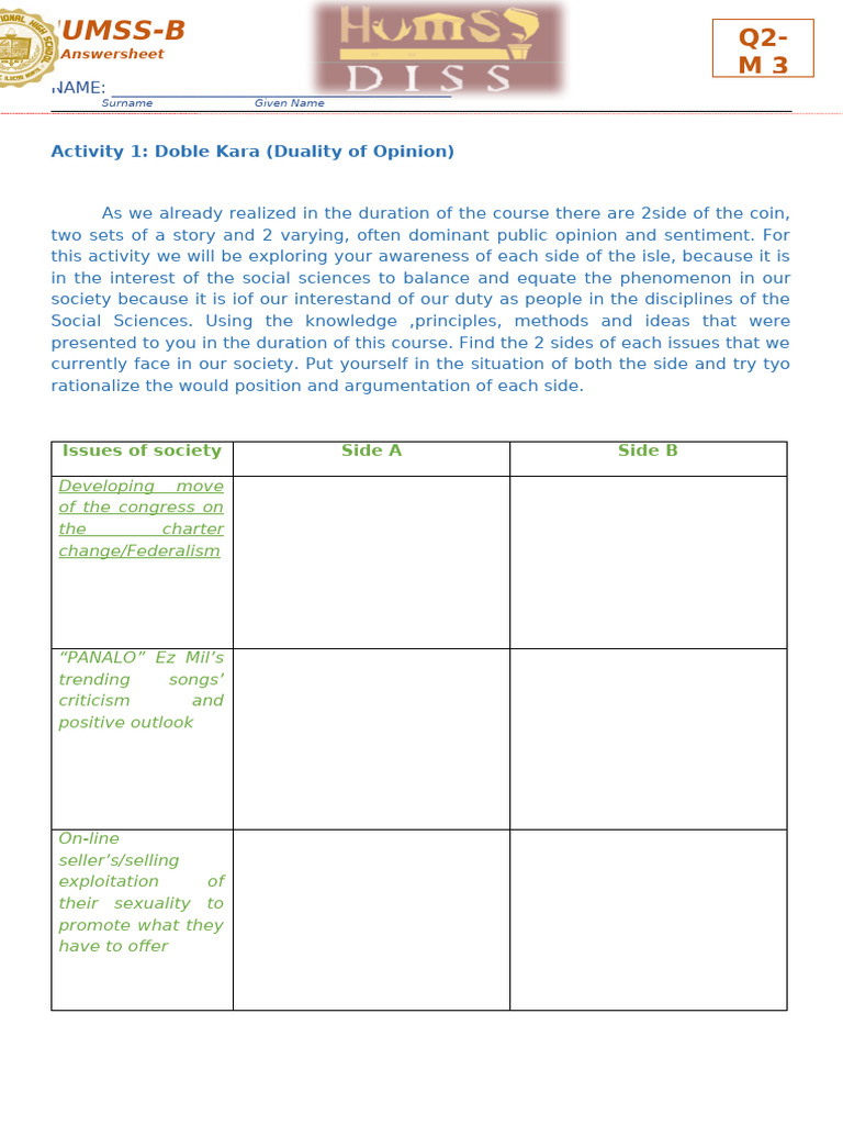 Humss 11 Diss Answer Sheet Diss Q 2mod. 3 - Jayson R. | PDF | Cognition | Liberal Arts Education