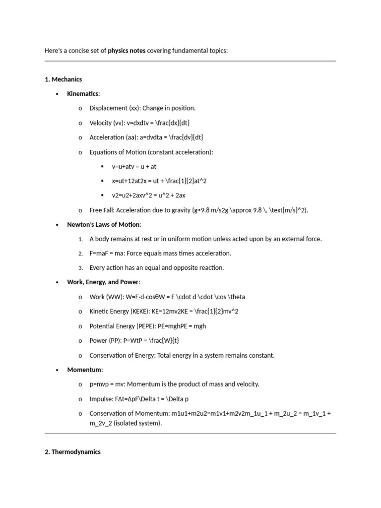 Physics Notes | PDF | Waves | Newton's Laws Of Motion Physics Notes | PDF | Waves | Newton's Laws Of Motion