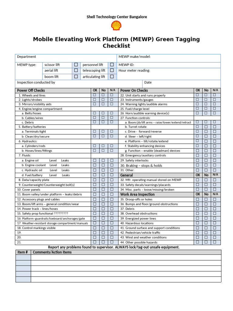 MEWP GreenTag Checklist-Checklist | PDF | Elevator | Land Vehicles