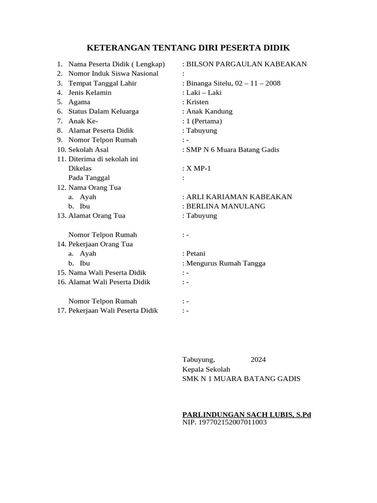 Keterangan Tentang Diri Peserta Didik | PDF