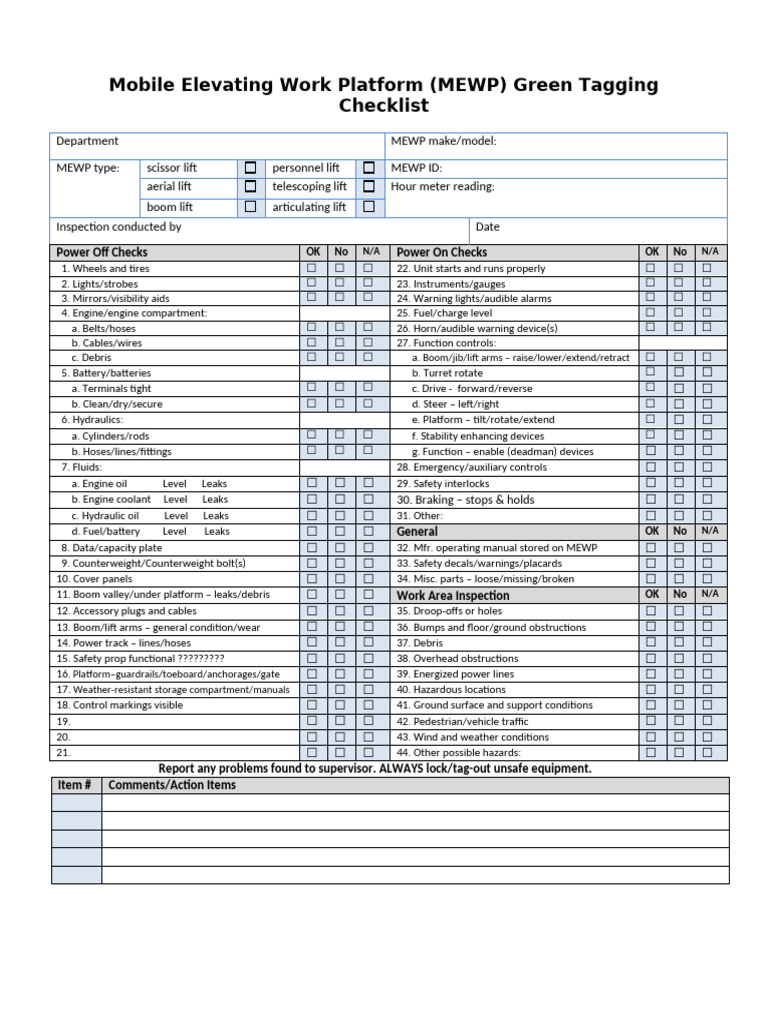 MEWP GreenTag Checklist-Checklist | PDF | Elevator | Vehicles