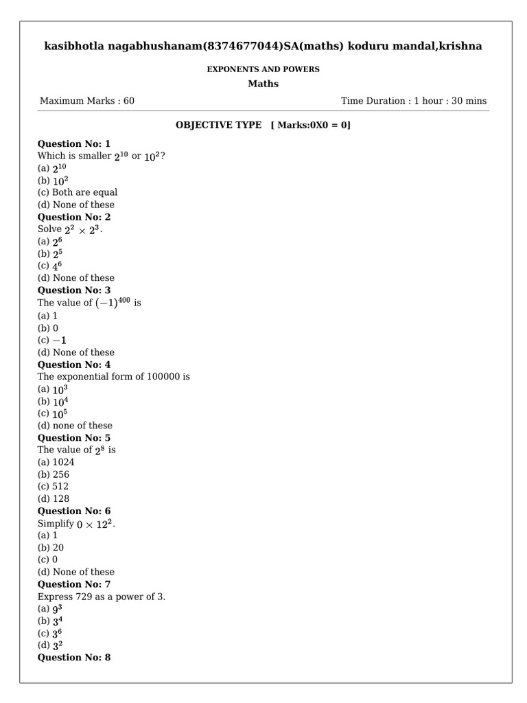 Class 7 Exponents and Powers Quiz | PDF | Exponentiation | Elementary ...