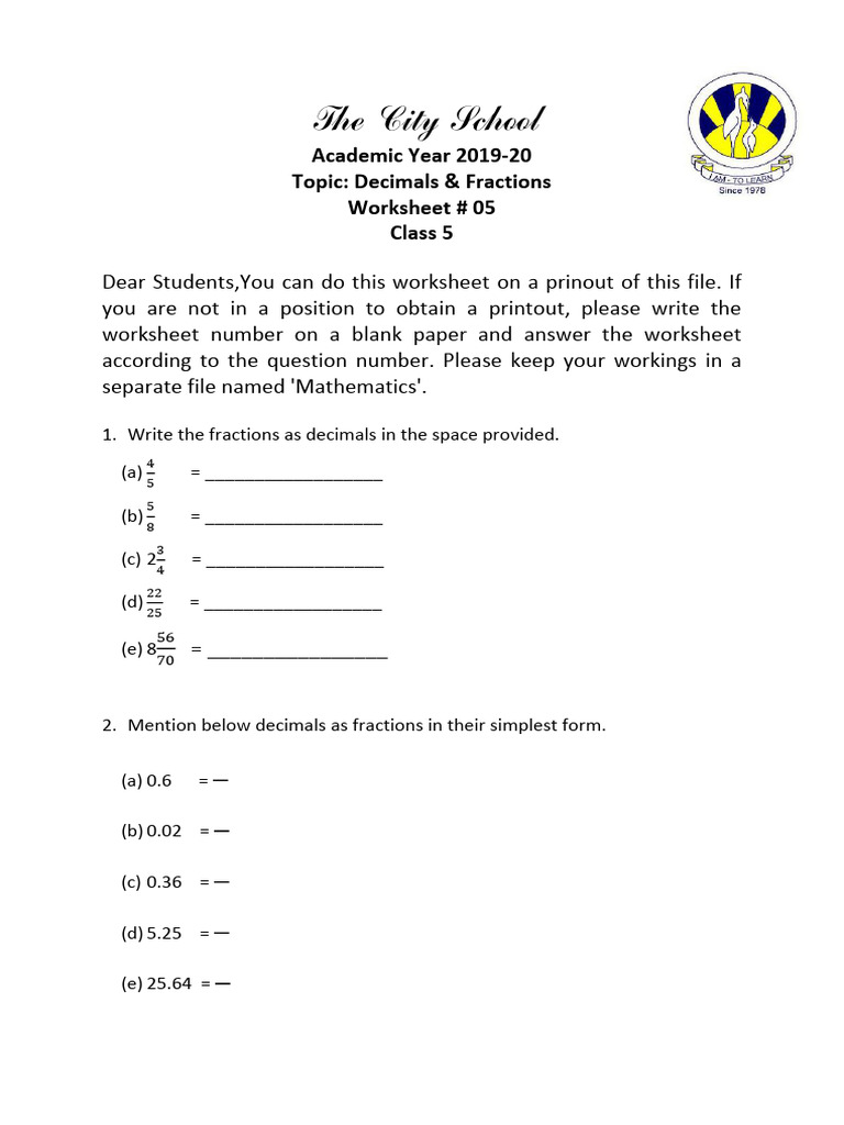 Class 05 Worksheet 05 | PDF | Division (Mathematics) | Elementary ...