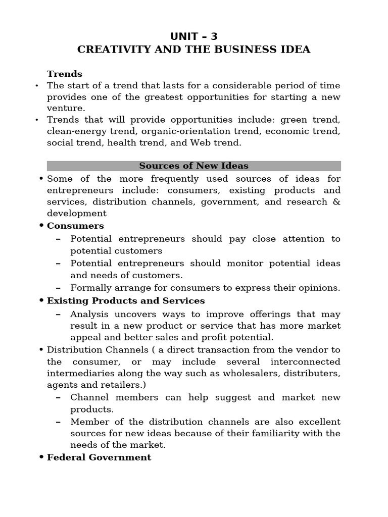 UNIT-3 001 - Creativity and The Business Idea | PDF | Entrepreneurship ...