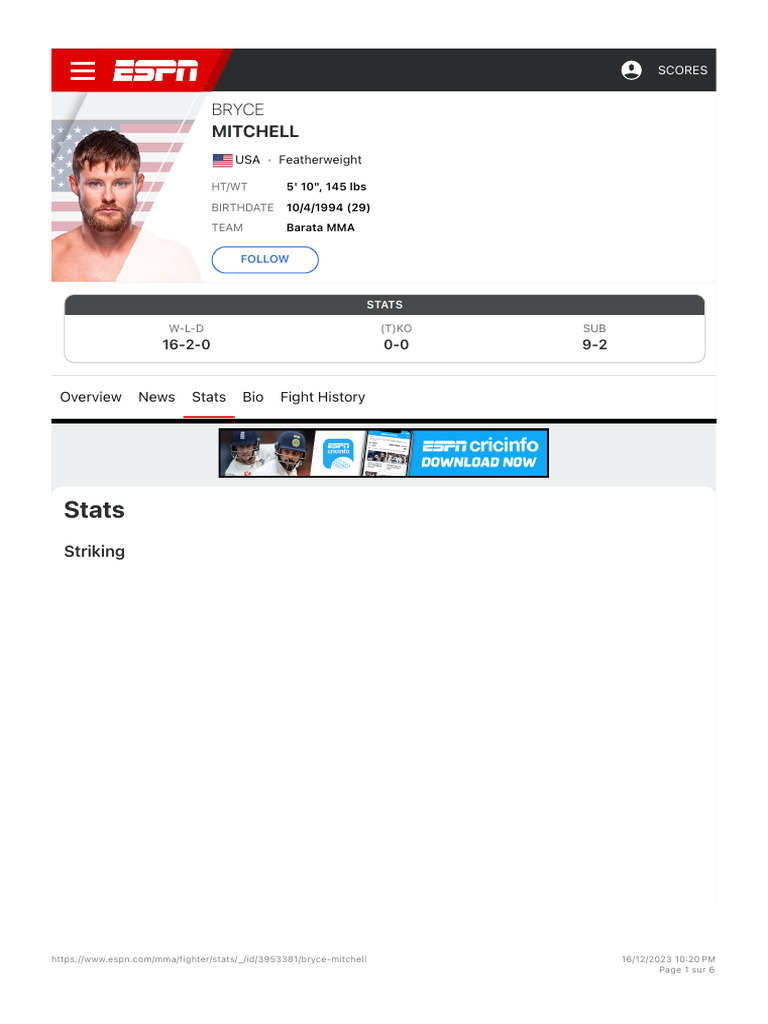 Bryce Mitchell MMA Career Stats - ESPN | PDF | Ultimate Fighting Championship | Mixed Martial ...