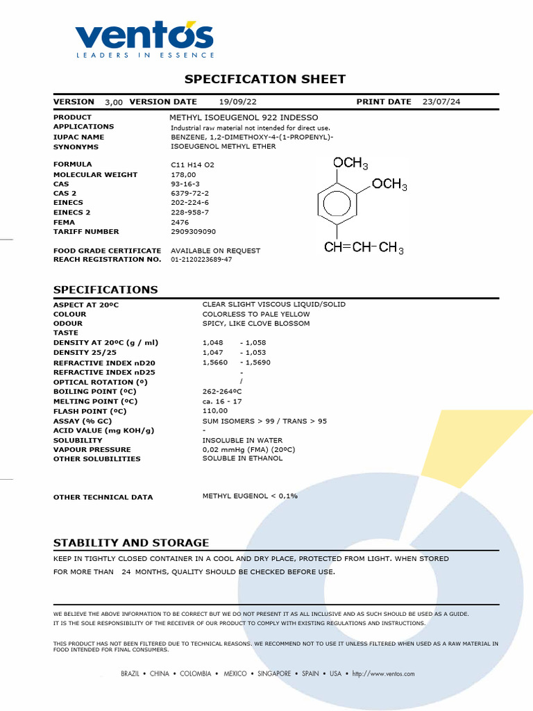 Methyl Isoeugenol Specification Sheet | PDF | Solubility | Chemistry