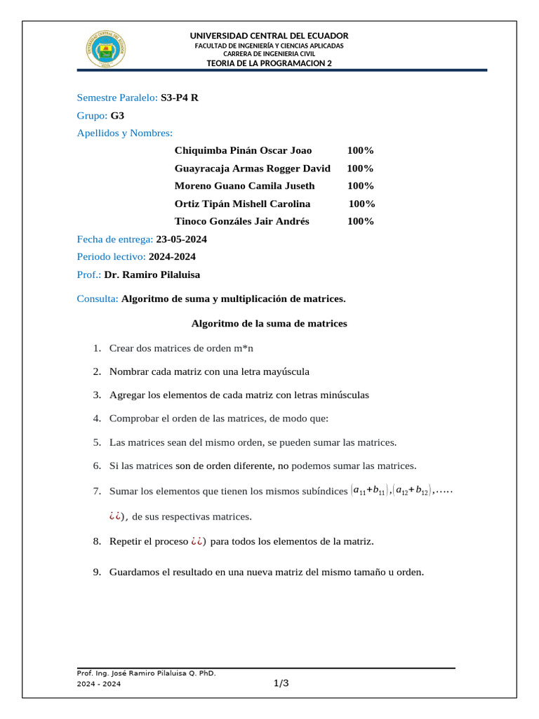 Deber 2 - Algoritmo de Suma y Multiplicación de Matrices | PDF | Matriz (Matemáticas ...