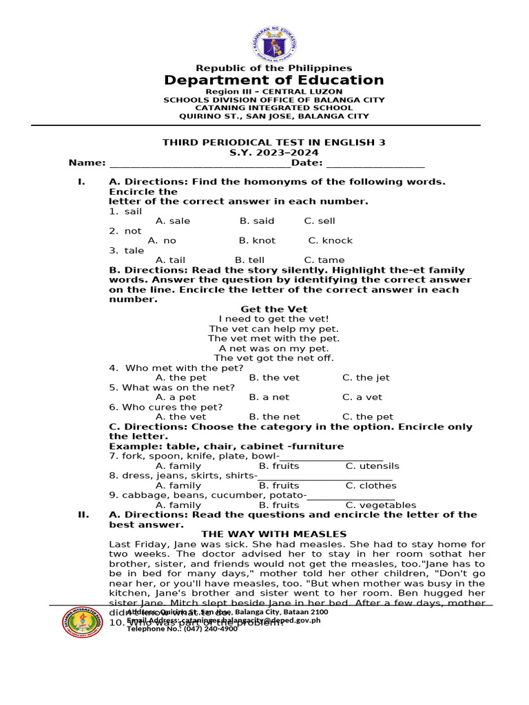 Grade 3 English Third Periodical Test | PDF