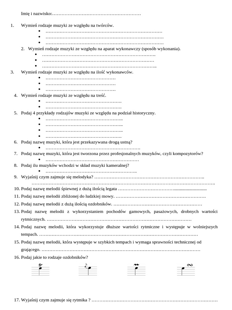 Kartkówka - Rodzaje Muzyki I Melodyka I Rytmika | PDF