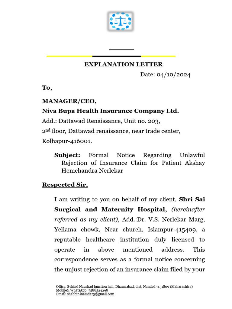 Akshay Hemchand Nerlekar Insurance Claim Explanation Letter | PDF ...