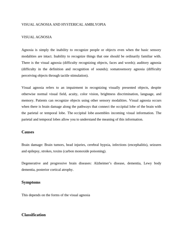 Visual Agnosia and Hysterical Amblyopia | PDF | Parietal Lobe | Perception