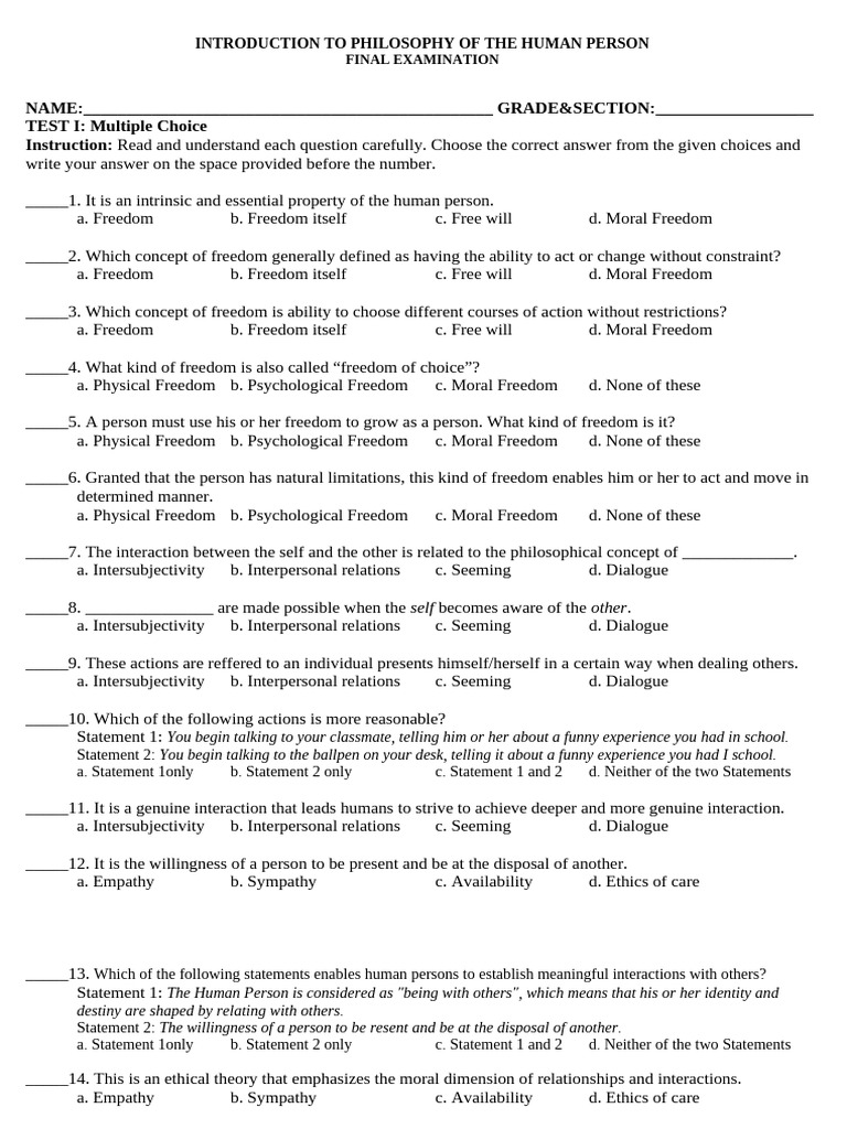 2ND QUARTER EXAM in INTRODUCTION TO PHILOSOPHY | PDF | Free Will | Morality