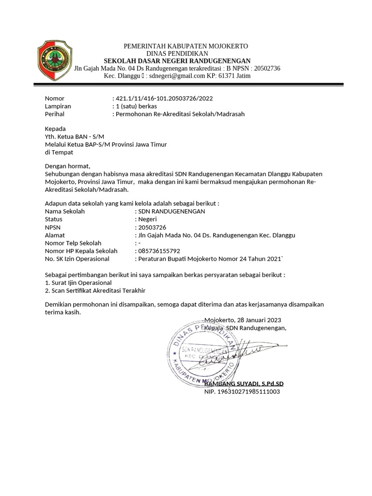 Contoh SURAT AJUAN REAKREDITASI | PDF