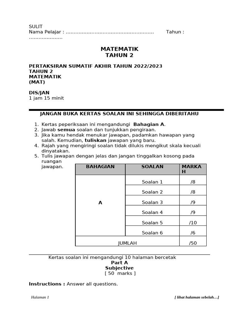 Pentaksiran Year 2 MT - Set 2 | PDF