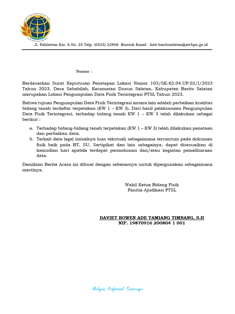 BA Penataan Dan Perbaikan Data Fisik PTSL 2023 KW123 Sababilah RT 5 | PDF