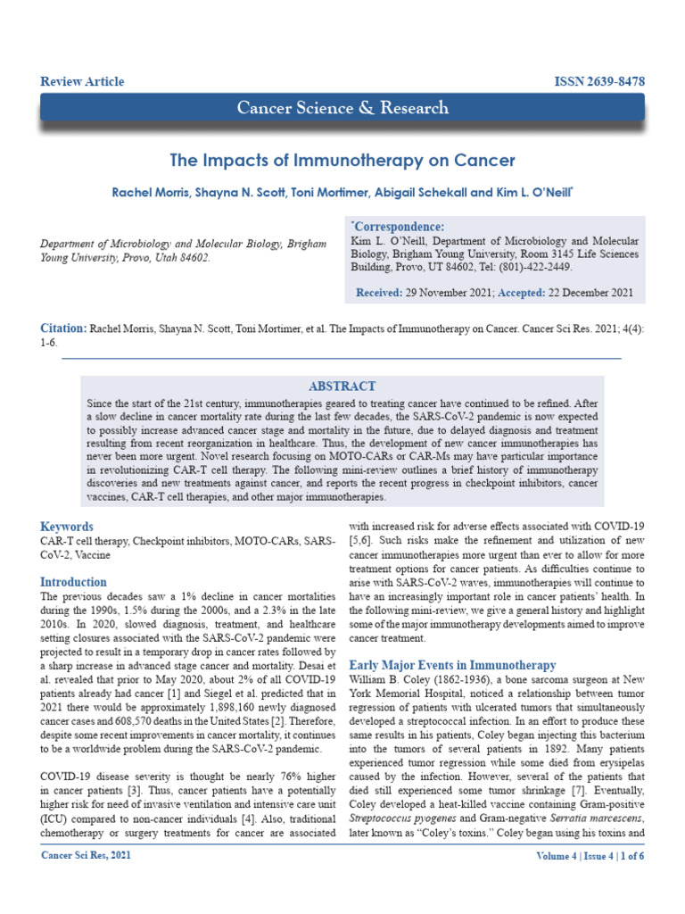 The Impacts Of Immunotherapy On Cancer Pdf Interferon Immune System