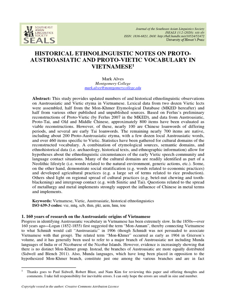 Mark Alves - HISTORICAL ETHNOLINGUISTIC NOTES | PDF | Vietnamese ...