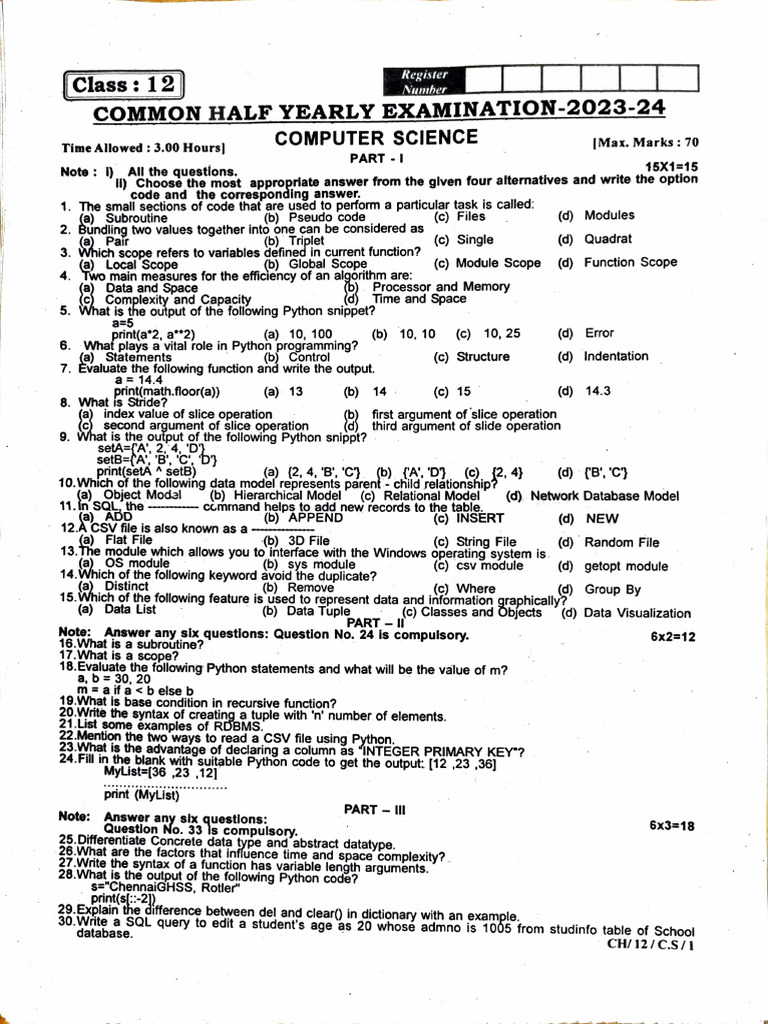 12 CS Half Yearly 2023-24 | PDF | Scope (Computer Science) | Parameter (Computer Programming)