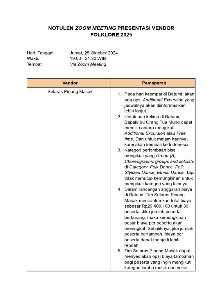 Notulen Presentasi Vendor Folklore | PDF