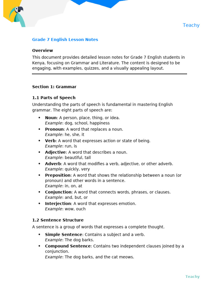 Grade 7 English Grammar & Lit Notes | PDF | Part Of Speech | Adverb